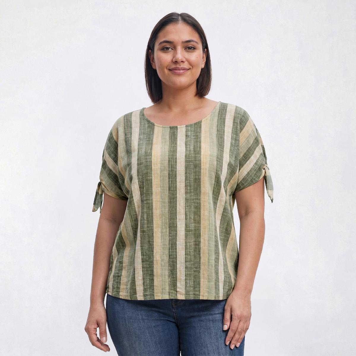 Click here for Plus Size Tru Self Short Dolman Tie Sleeve Stripe... prices